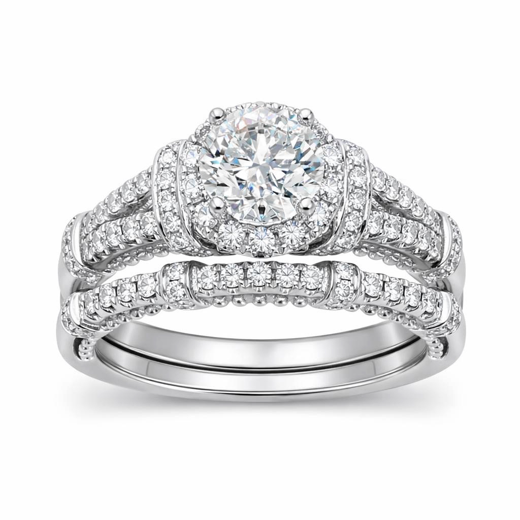 2 Piece Diamond Halo Wedding Ring (1 3/4cttw) - Jewelry Exchange